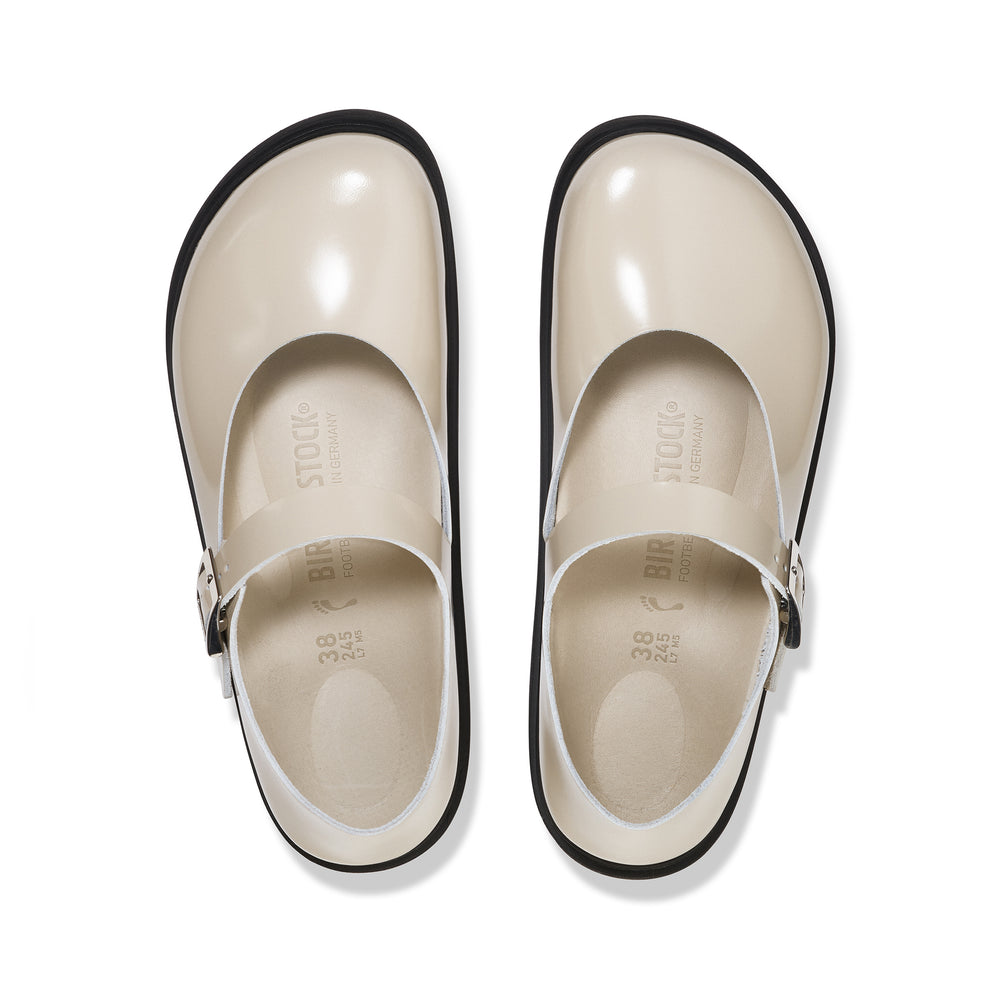 Birkenstock Mantova Droplet Buckle High Shine Oyster Natural Leather Patent